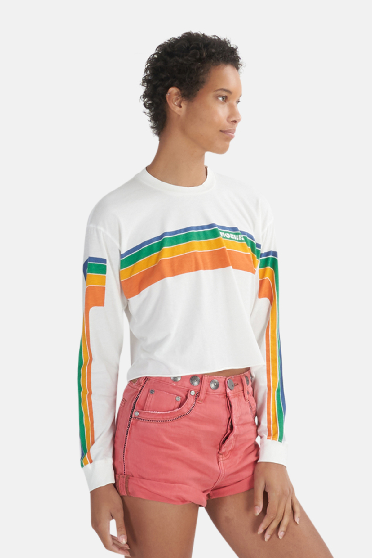 Mother Denim Slouch Cut Off Top - Mother Rainbow Band/Chalk | Garmentory