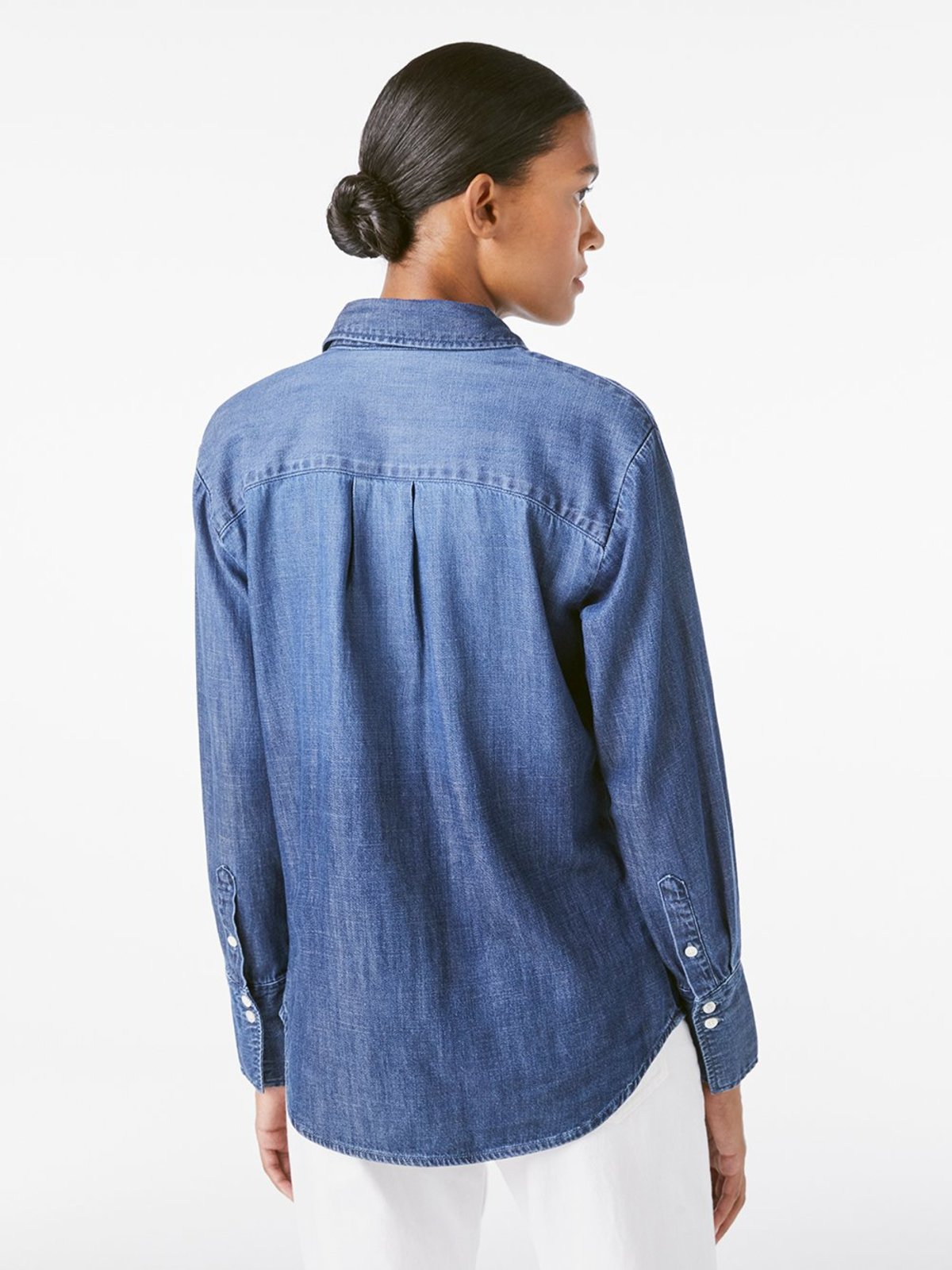 FRAME Denim Ruffle Tux Top - frame blue | Garmentory