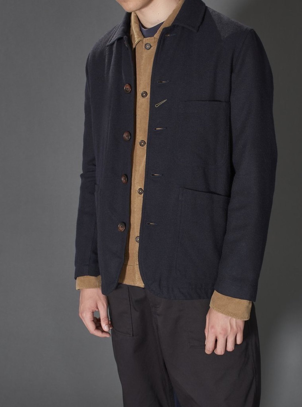 Universal Works Wool Marl II Bakers Jacket - Navy | Garmentory