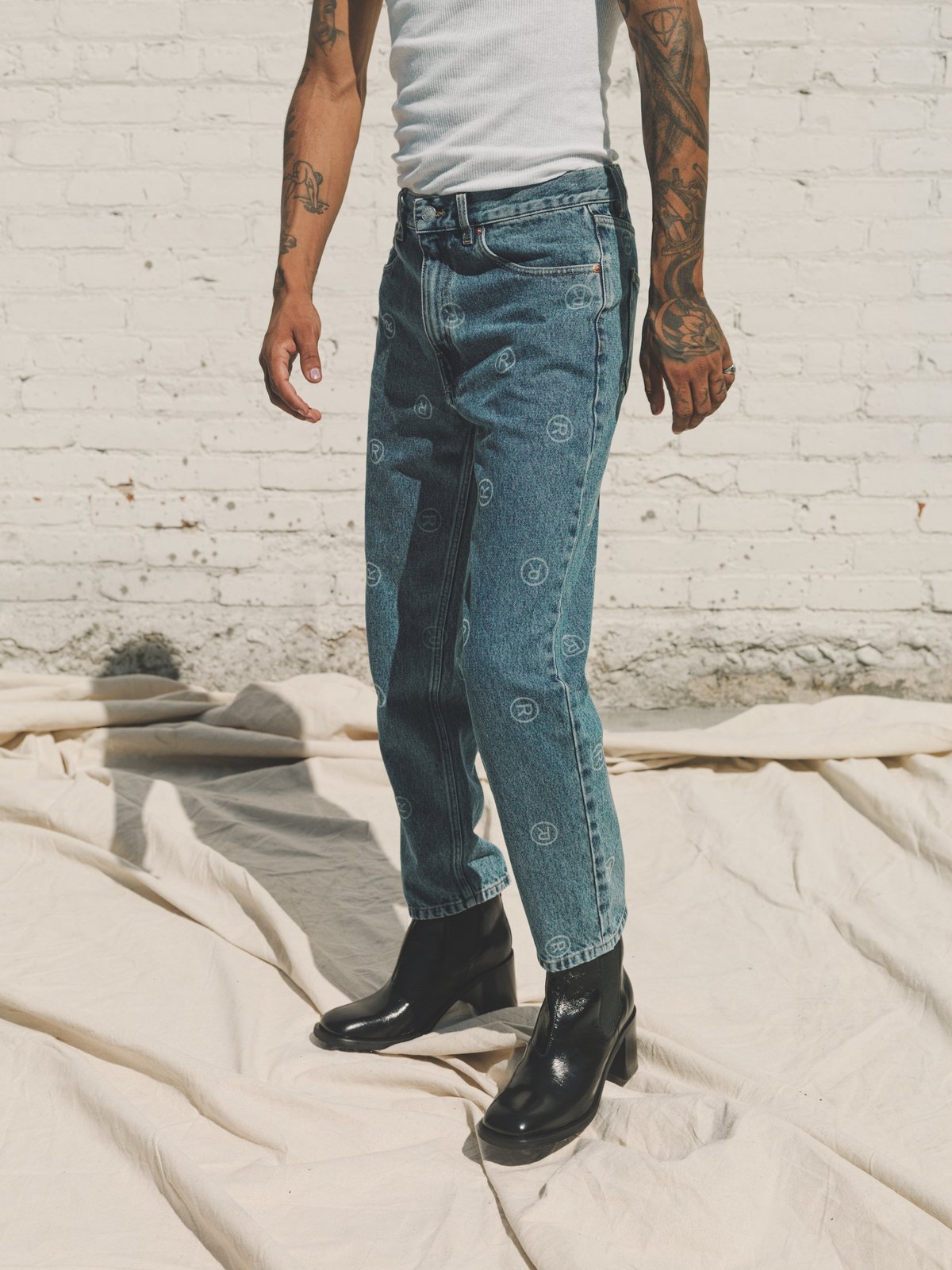 Blue Denim All Over Logo Cropped Jean | Garmentory